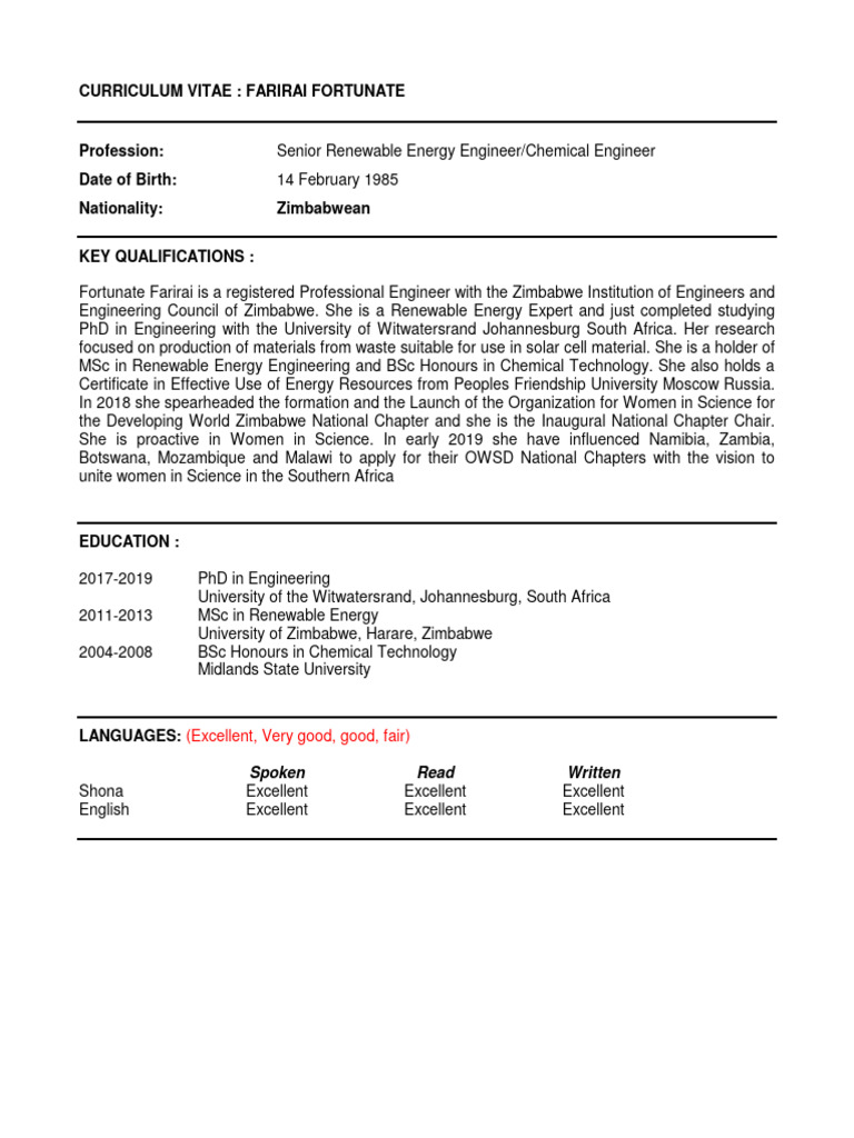 CV-Fortunate Farirai 2021 | PDF | Zimbabwe | Sugarcane