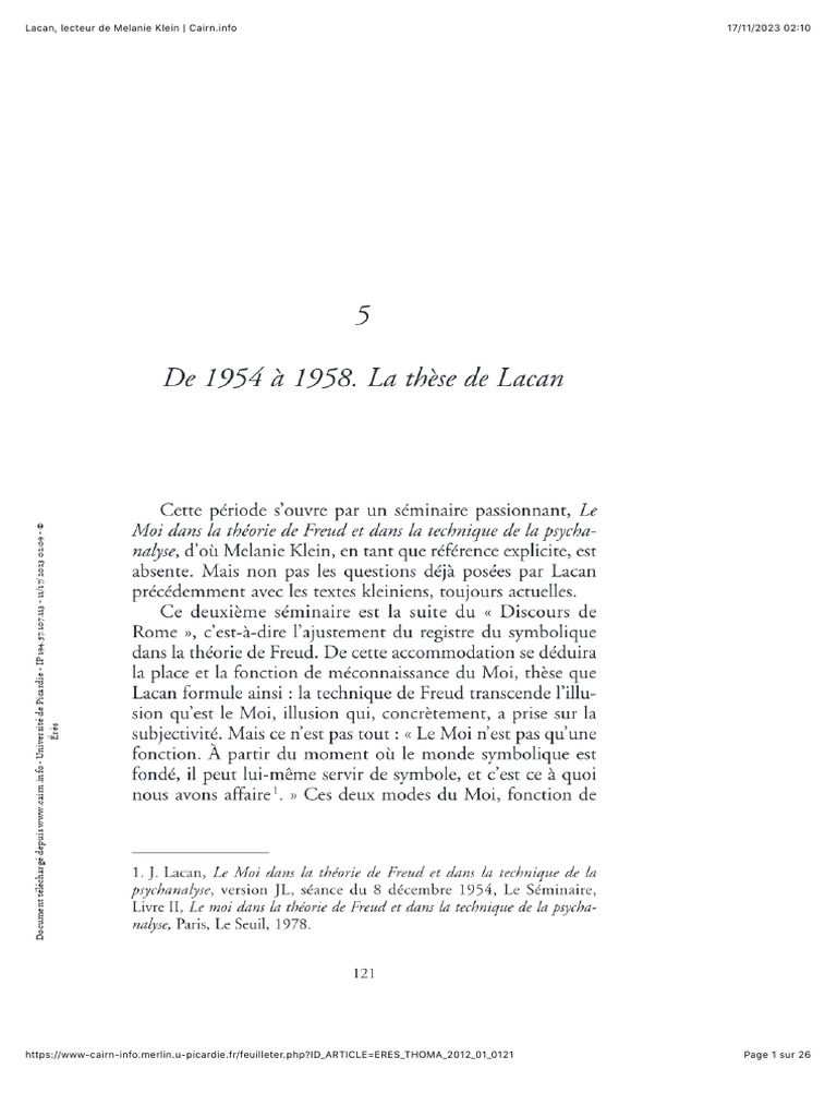 2 Lacan, Lecteur de Melanie Klein - Marie-Claude Thomas | PDF