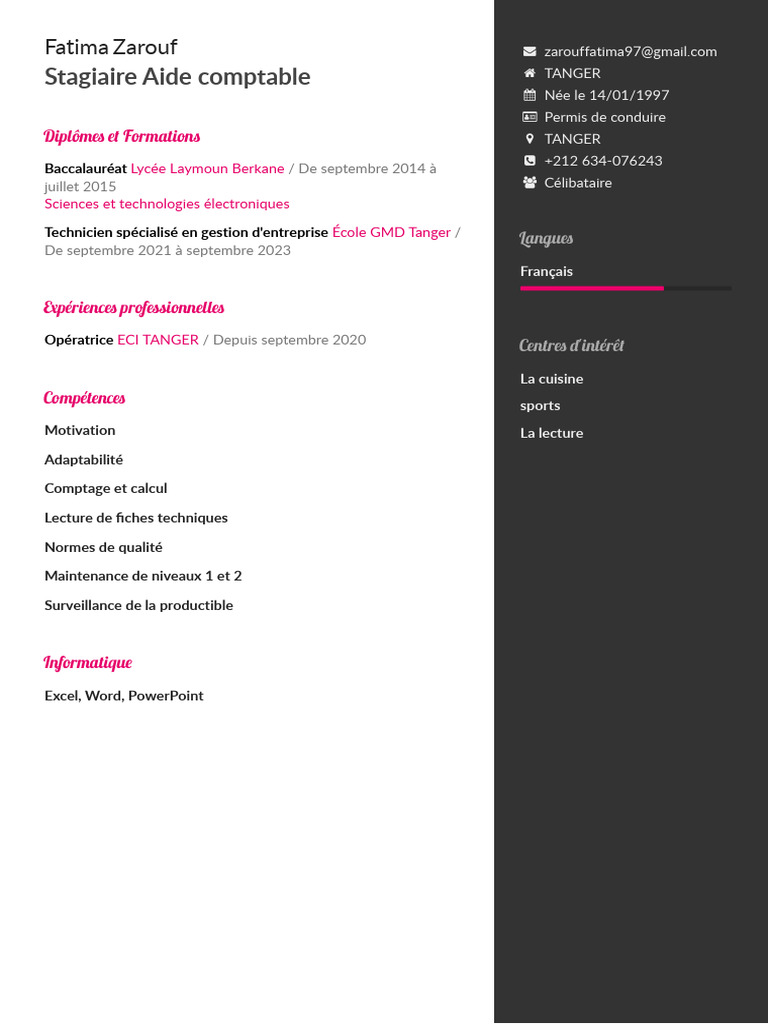 CV de Fatima Zarouf - Stagiaire Aide Comptable | PDF