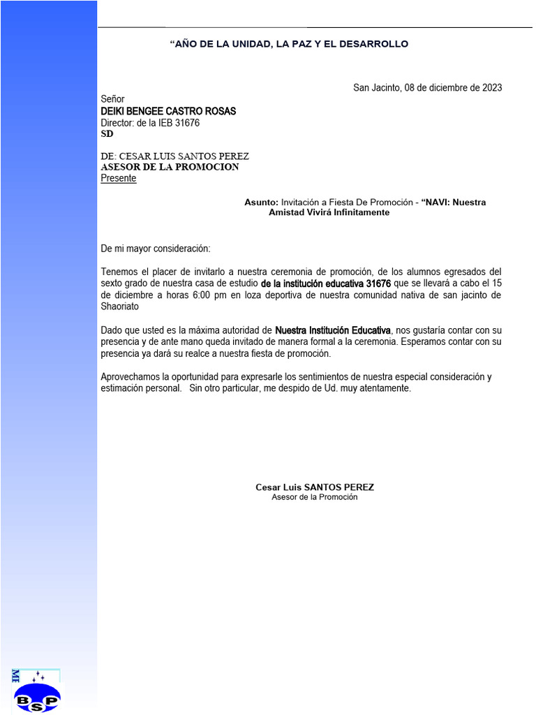 Carta de Invitacion A Fiesta de Promocion A Director Ugel | PDF