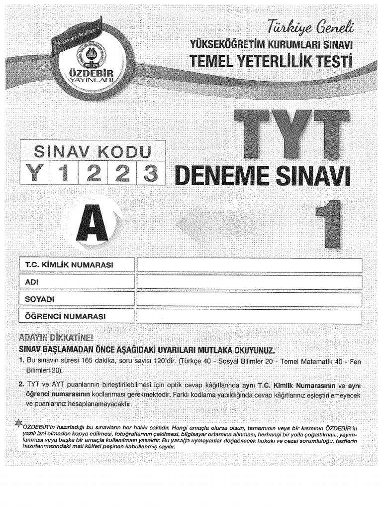 Türki̇ye Geneli̇ Özdebi̇r Yks-1 Tyt | PDF
