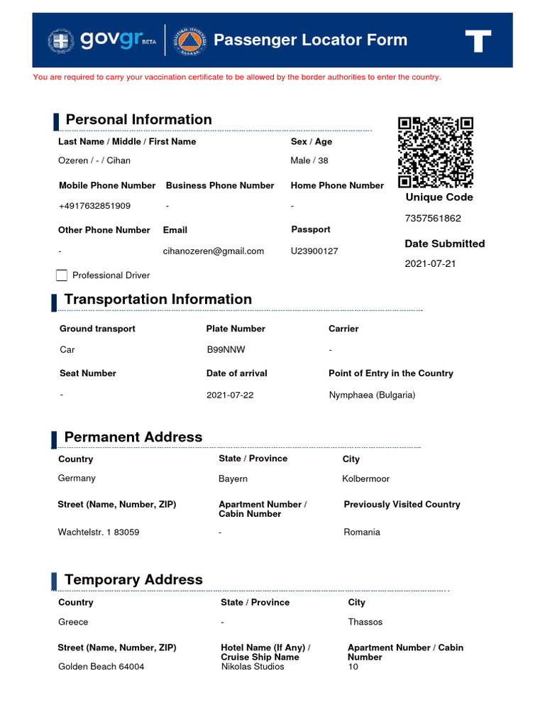 Passenger Locator Form: Personal Information | PDF