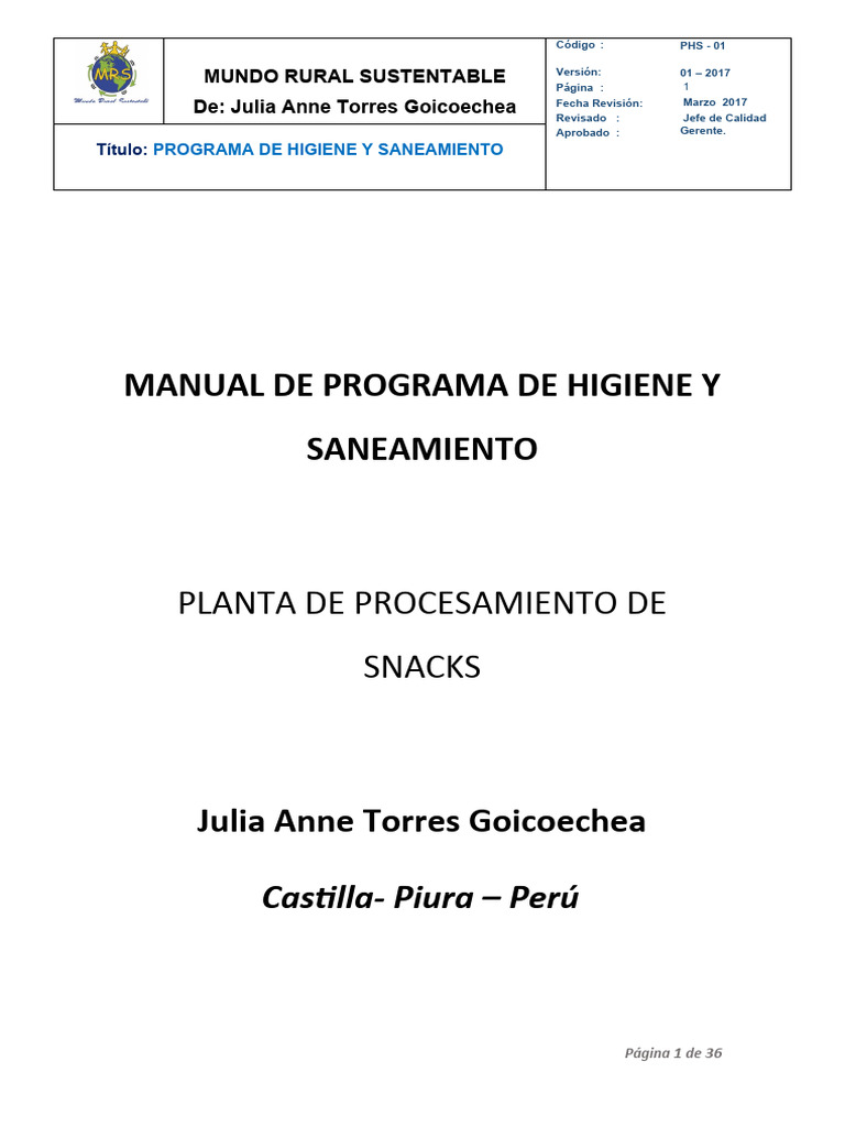 Phs Chifles Manual Actual | PDF | Seguridad alimenticia | Alimentos