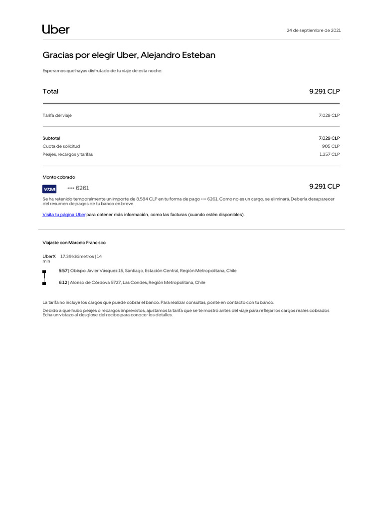 Recibo Uber Santiago a Las Condes | PDF