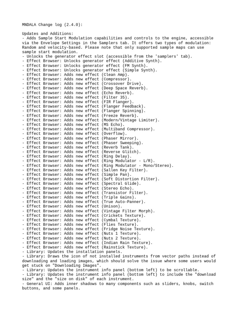 MNDALA-2 4 0-Change Log | PDF | Synthesizer | Computer Engineering MNDALA-2 4 0-Change Log | PDF | Synthesizer | Computer Engineering