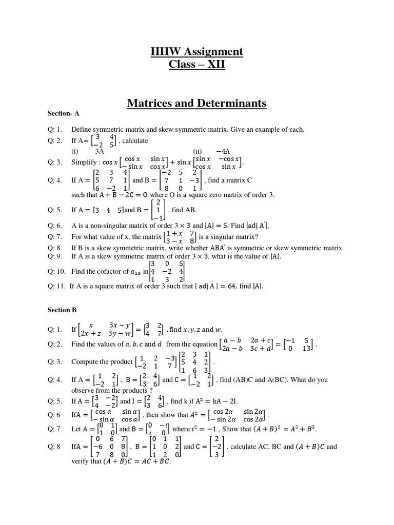 HHW Assignment Class 12 | PDF | Matrix (Mathematics) | Trigonometric ...