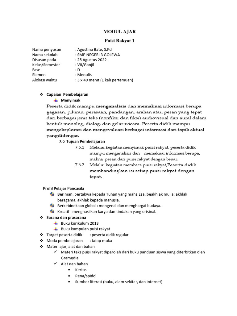 Modul Ajar Bahasa Indonesia - Puisi Rakyat (Pantun Dan Syair) - Fase D ...