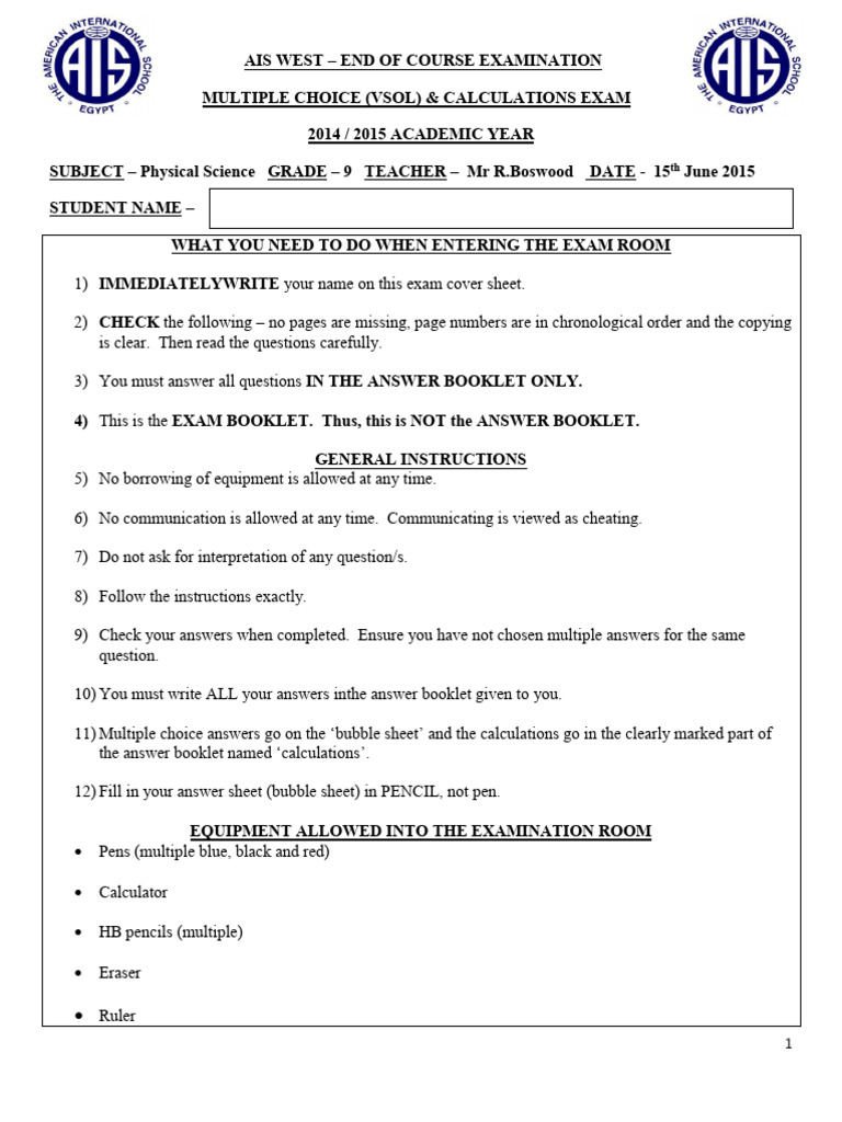 Grade 9 Physical Science Exam Guide | PDF