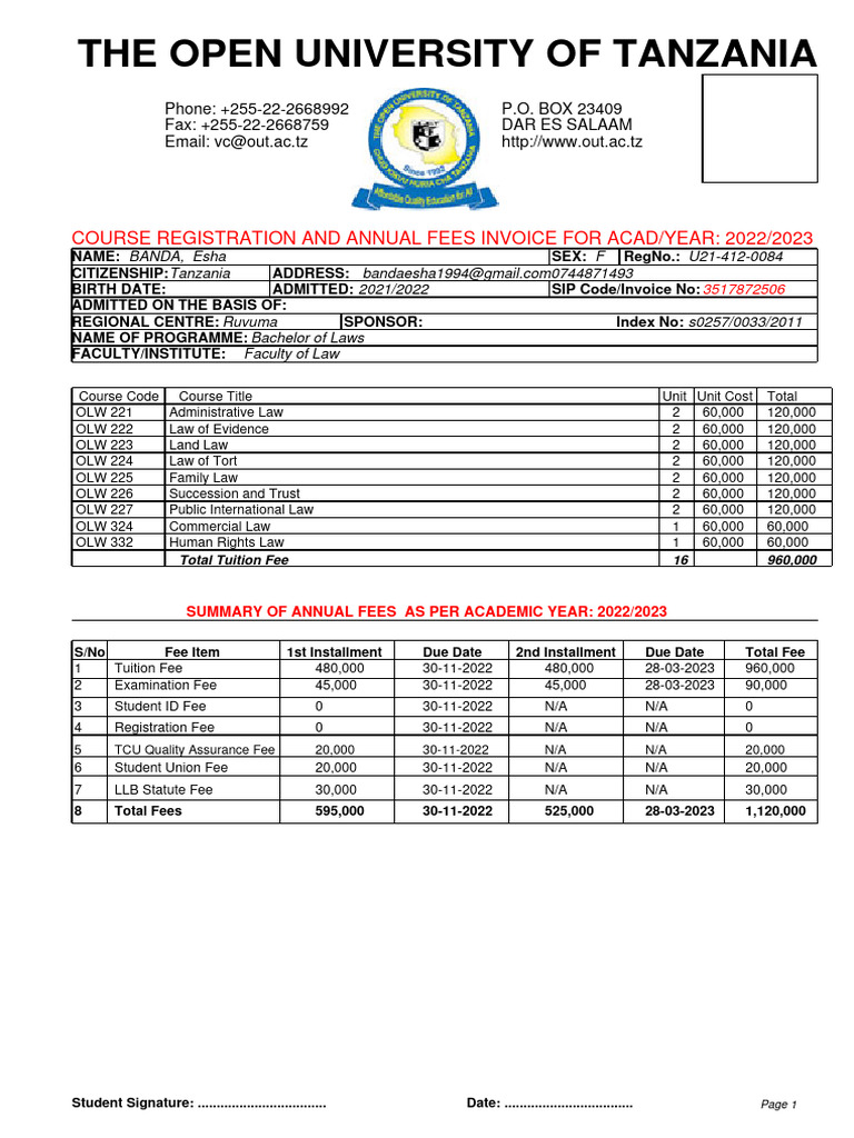 The Open University of Tanzania: Course Registration and Annual Fees ...