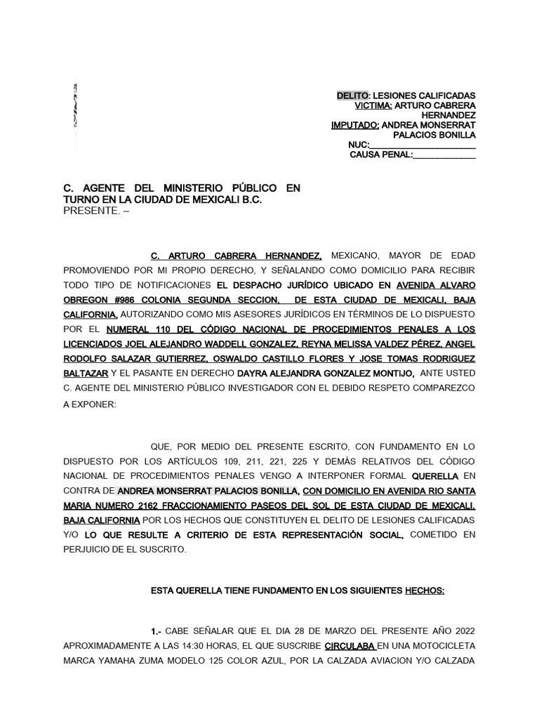 Querella Lesiones | PDF | Queja