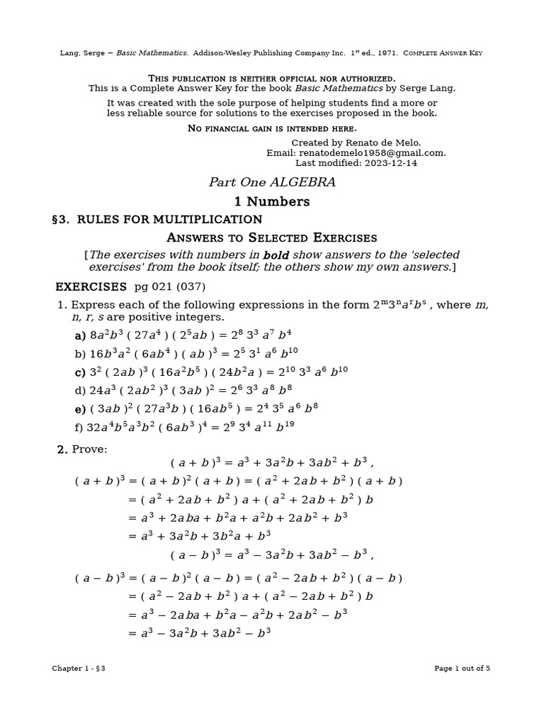 En 0103 Serge Lang Basic Mathematics Answers | PDF | Mathematical ...