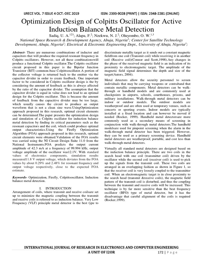 Optimization Design of Colpitts Oscillator For Active INDUCTION BALANCE METAL DETECTION | PDF ...