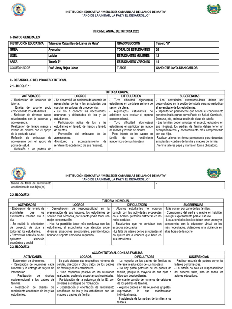Informe Anual de Tutoria 2023 | PDF Informe Anual de Tutoria 2023 | PDF