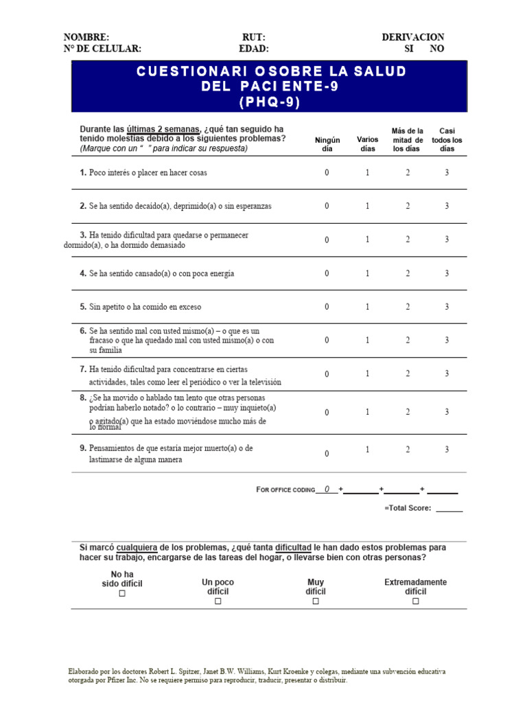 Cuestionario PHQ-9 PatientHealthQuestionnaire9 - Spanish | PDF