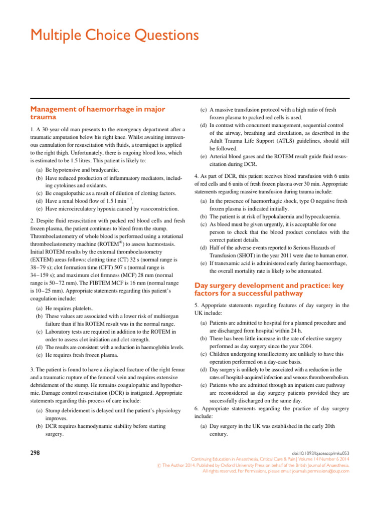 Multiple Choice Questions: Management of Haemorrhage in Major Trauma | PDF