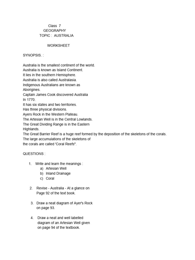Class 7 Geography Chapter Australia Worksheet | PDF