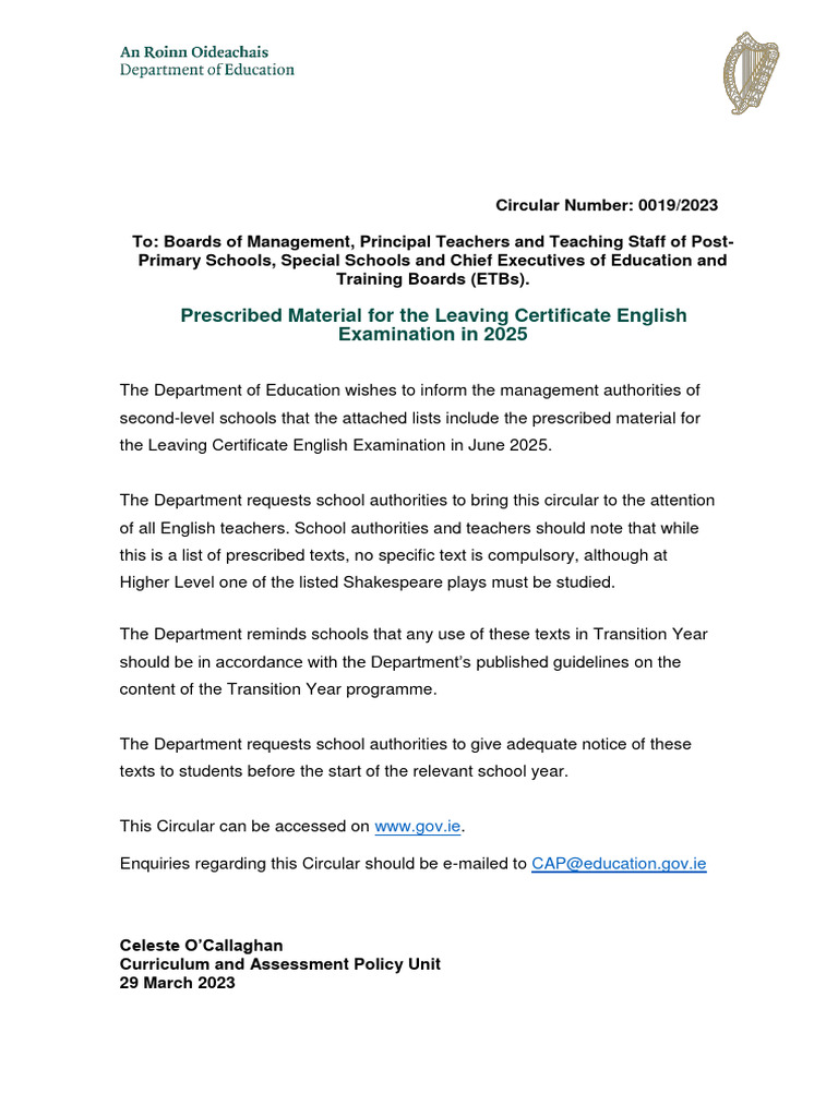 Prescribed Material For The Leaving Certificate English Examination in ...