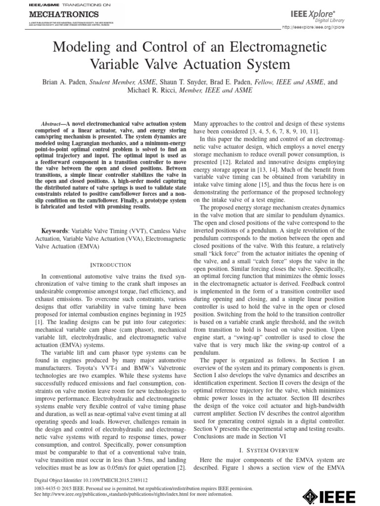 Modeling and Control of An Electromagnetic Variable Valve Actuation ...