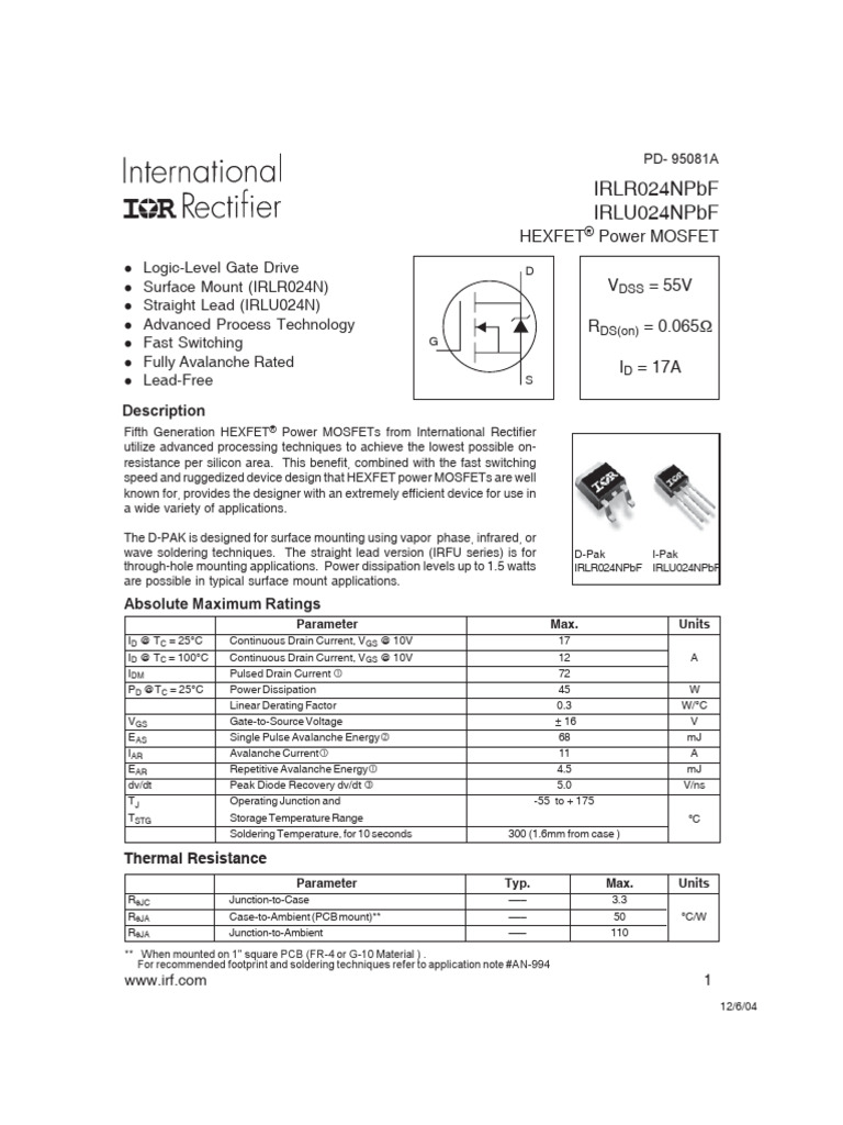 Infineon IRLR024N DataSheet v01 - 01 EN | PDF | Field Effect Transistor | Mosfet