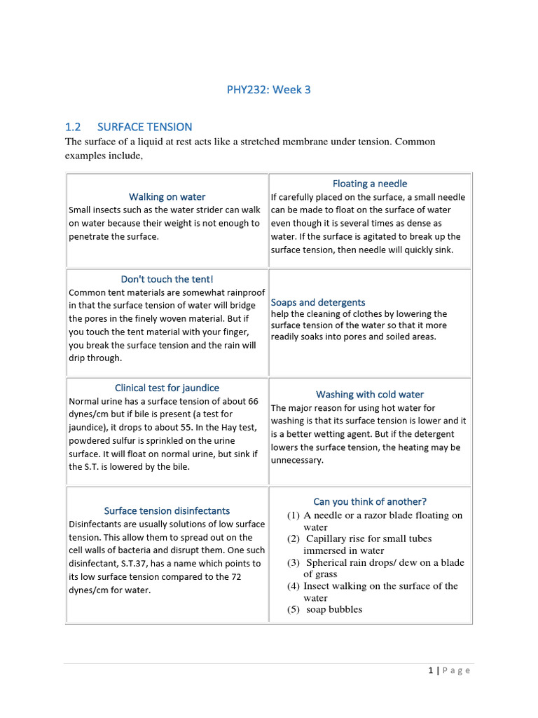 Surface Tension: Concepts & Examples | PDF | Surface Tension | Water
