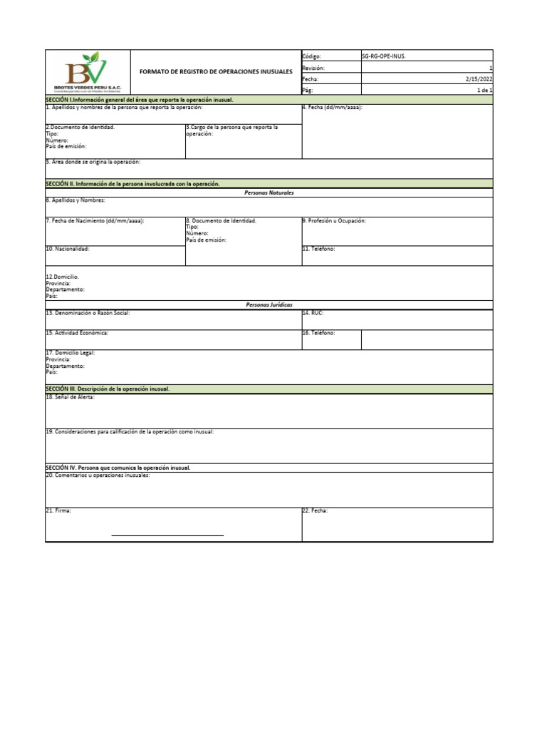 Formato de Registro de Operaciones Inusuales | PDF
