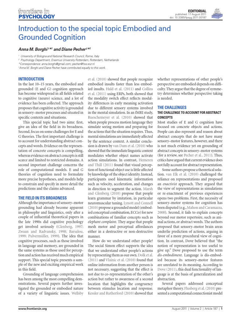 Introduction To The Special Topic Embodied Cpgmotopmi | PDF | Embodied Cognition | Concept