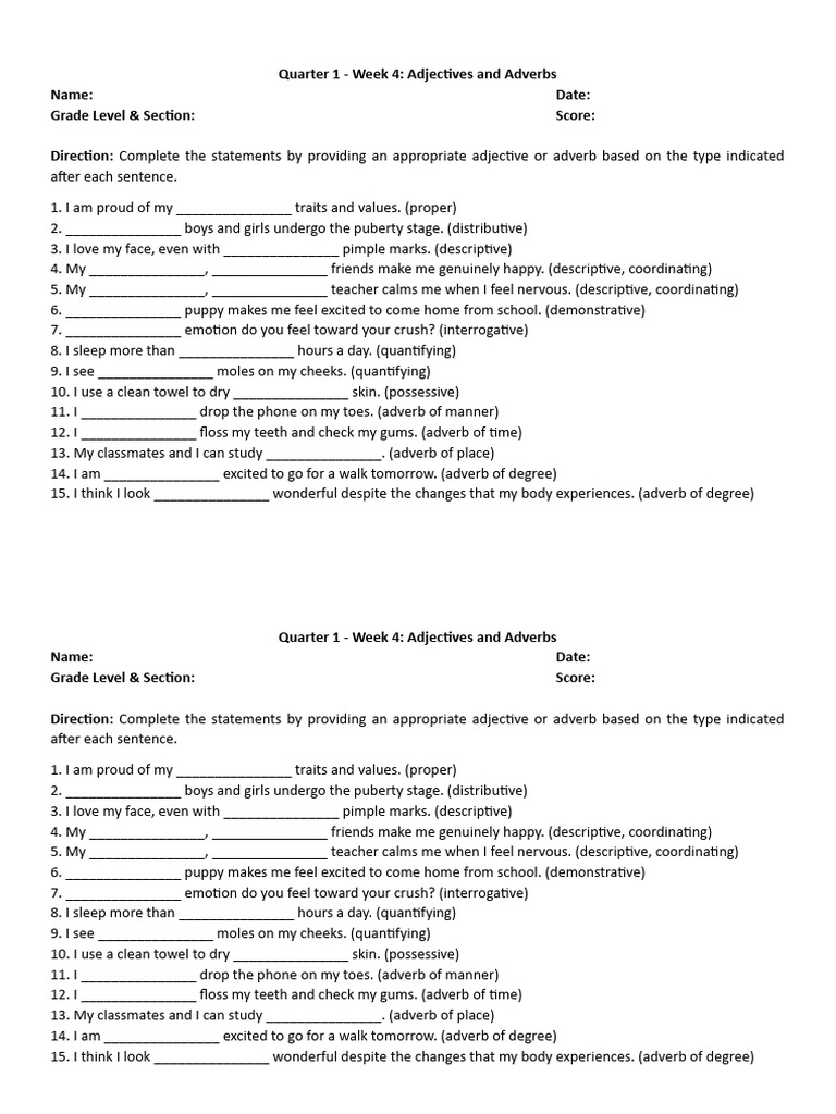 Adjectives and Adverbs Quiz Answers | PDF | Adverb | Grammar