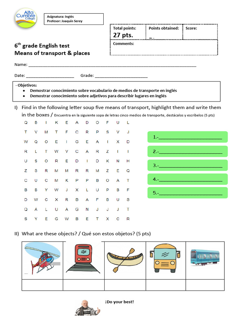 6th Grade English Test - Means of Transport | PDF