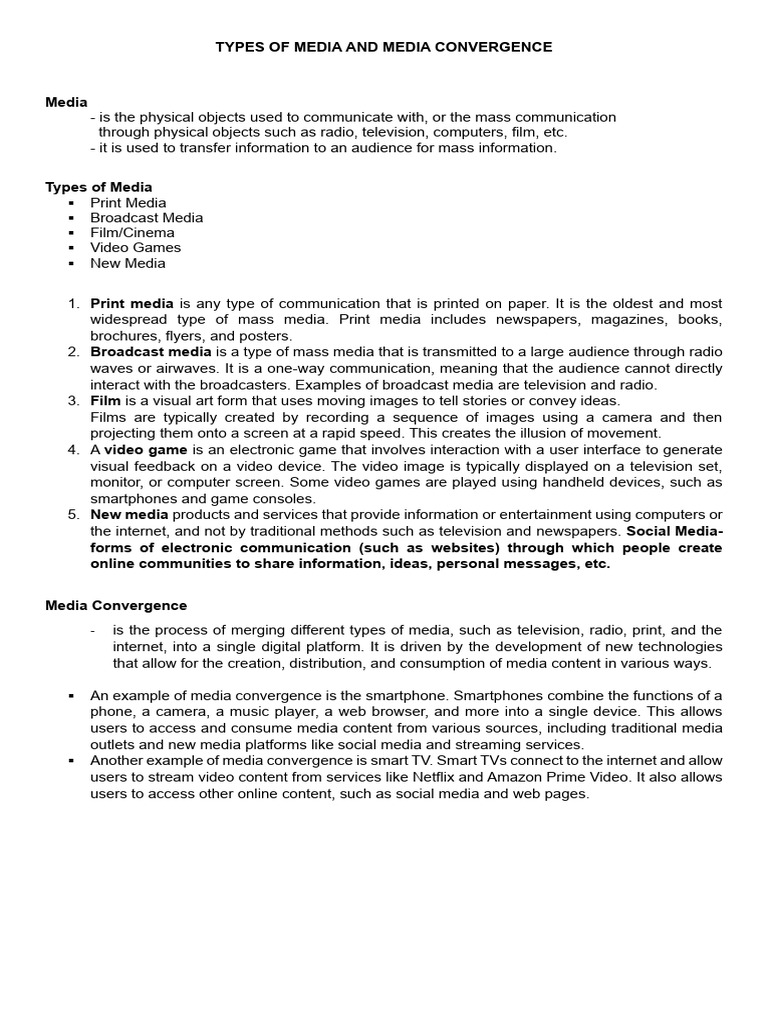 Types of Media and Media Convergence | PDF | Mass Media | Technological Convergence