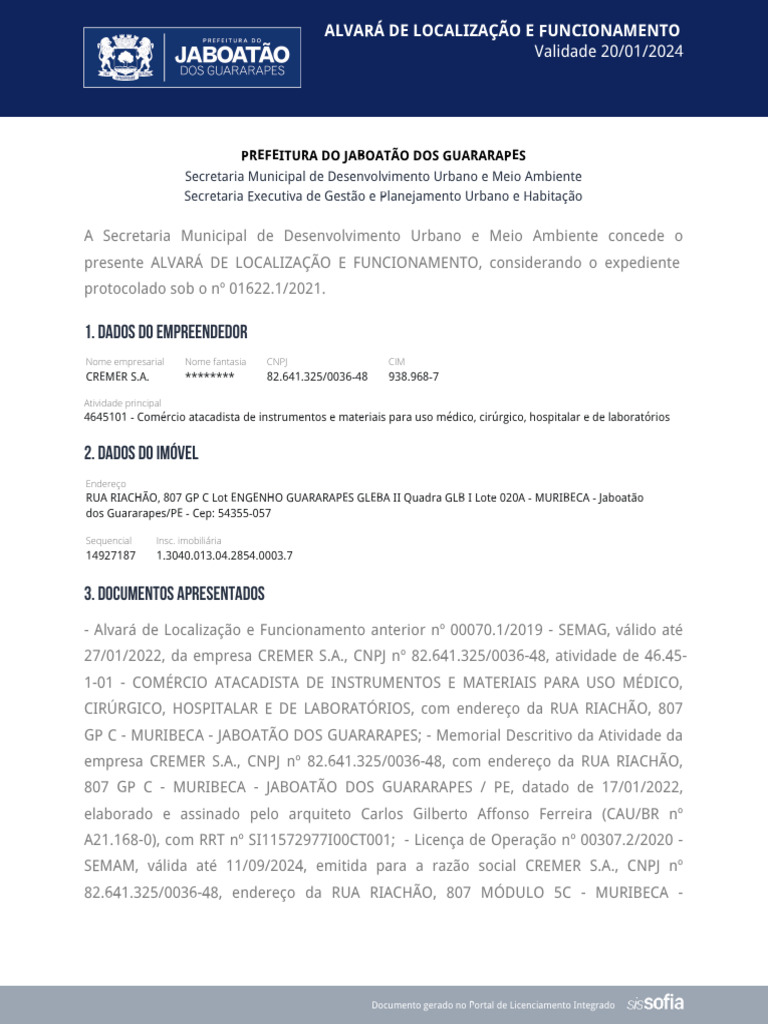 Cremer Jaboatao Alvara de Localizacao e Funcionamento Vec. 20012024 | PDF Cremer Jaboatao Alvara de Localizacao e Funcionamento Vec. 20012024 | PDF