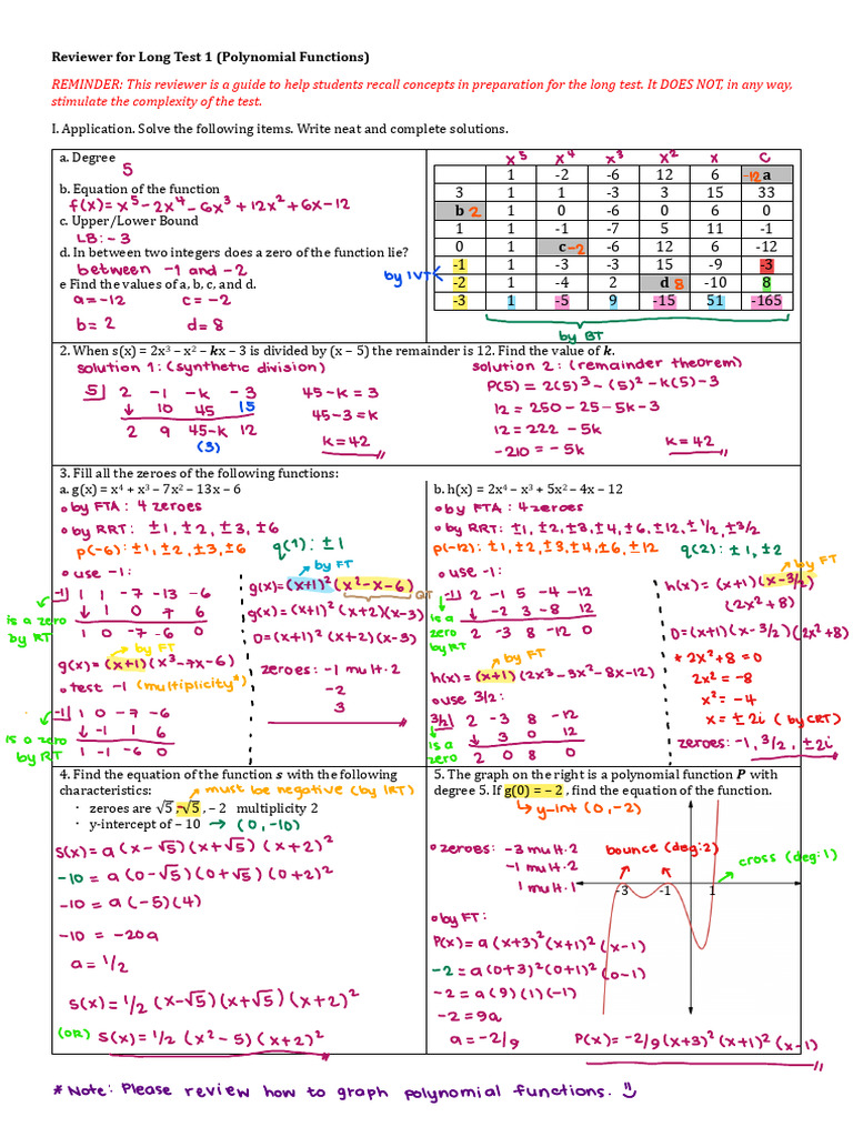 Reviewer For Long Test 1 Polynomial Functions Answer Key Pdf 