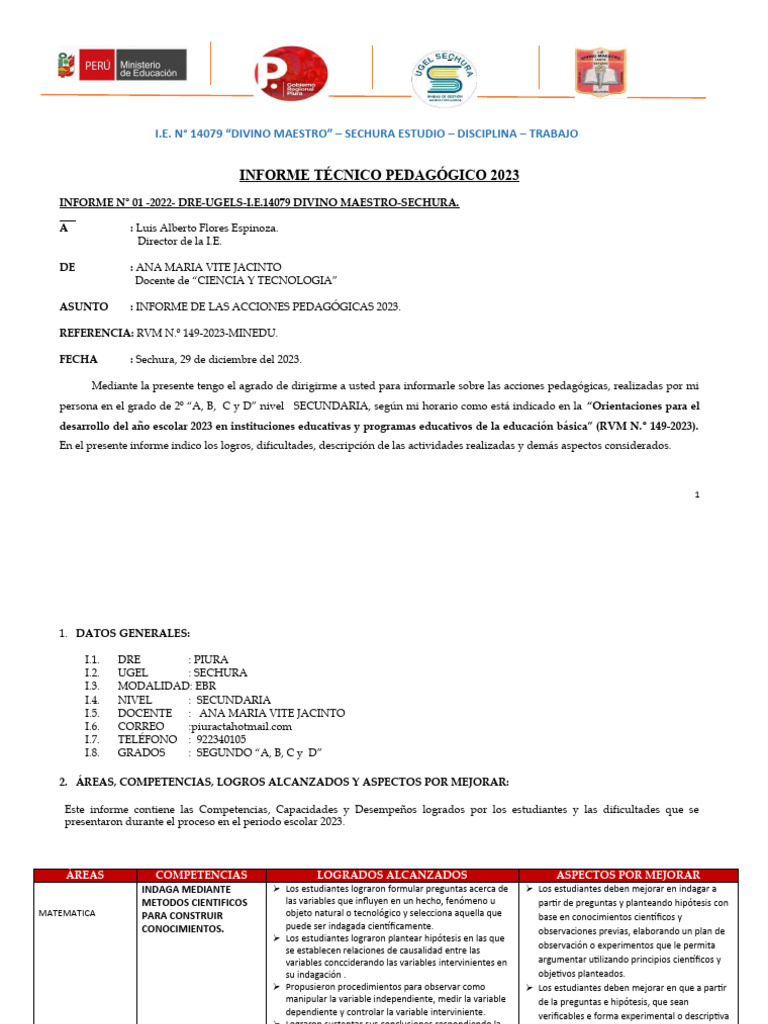 Informe Tecnico Pedagogico 2023 | PDF