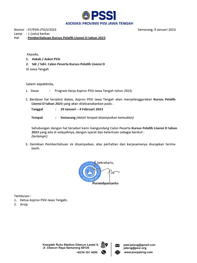 Surat Pemberitahuan Pelaksanaan Kursus Pelatih Lisensi D Tahun 2023 ...