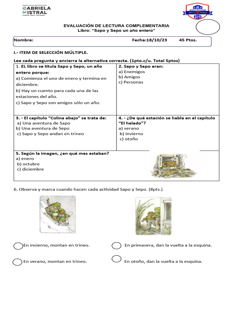 Evaluación de "Sapo y Sepo" | PDF