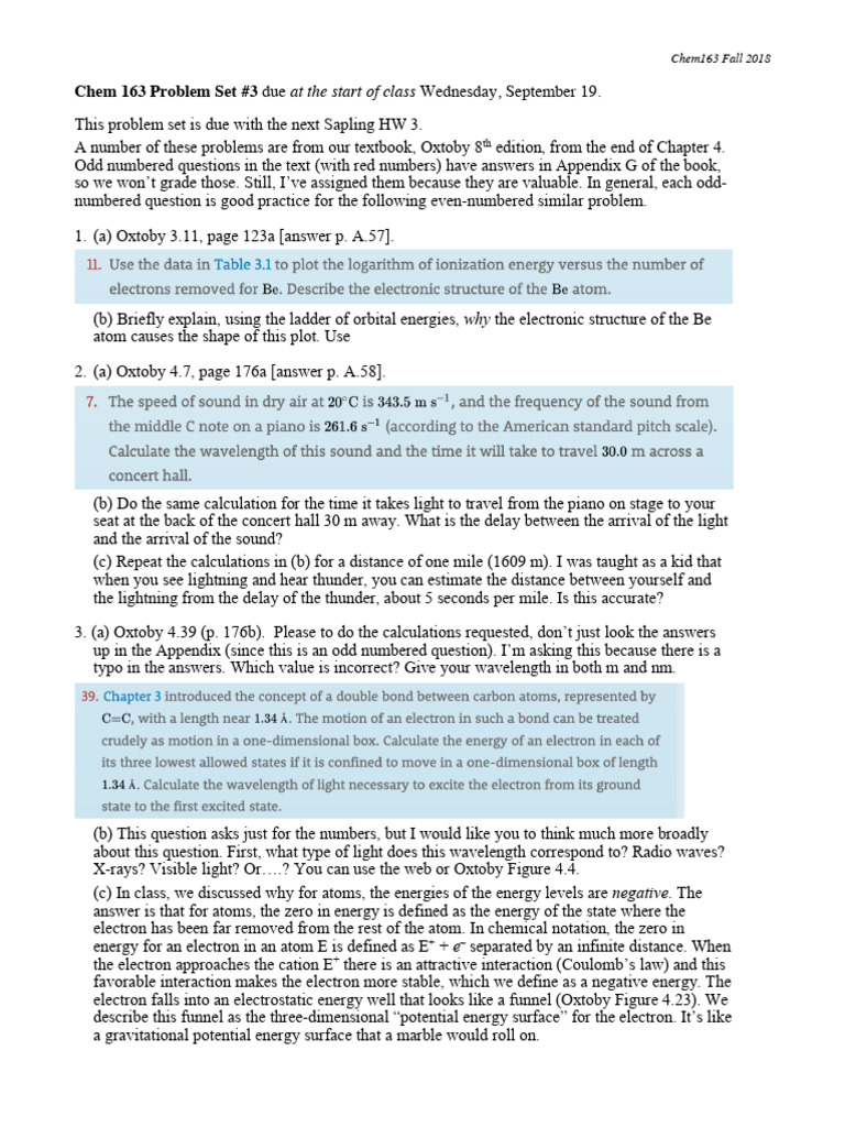 Problem Set 3, Chem163-Fall18 9.12.18 | PDF