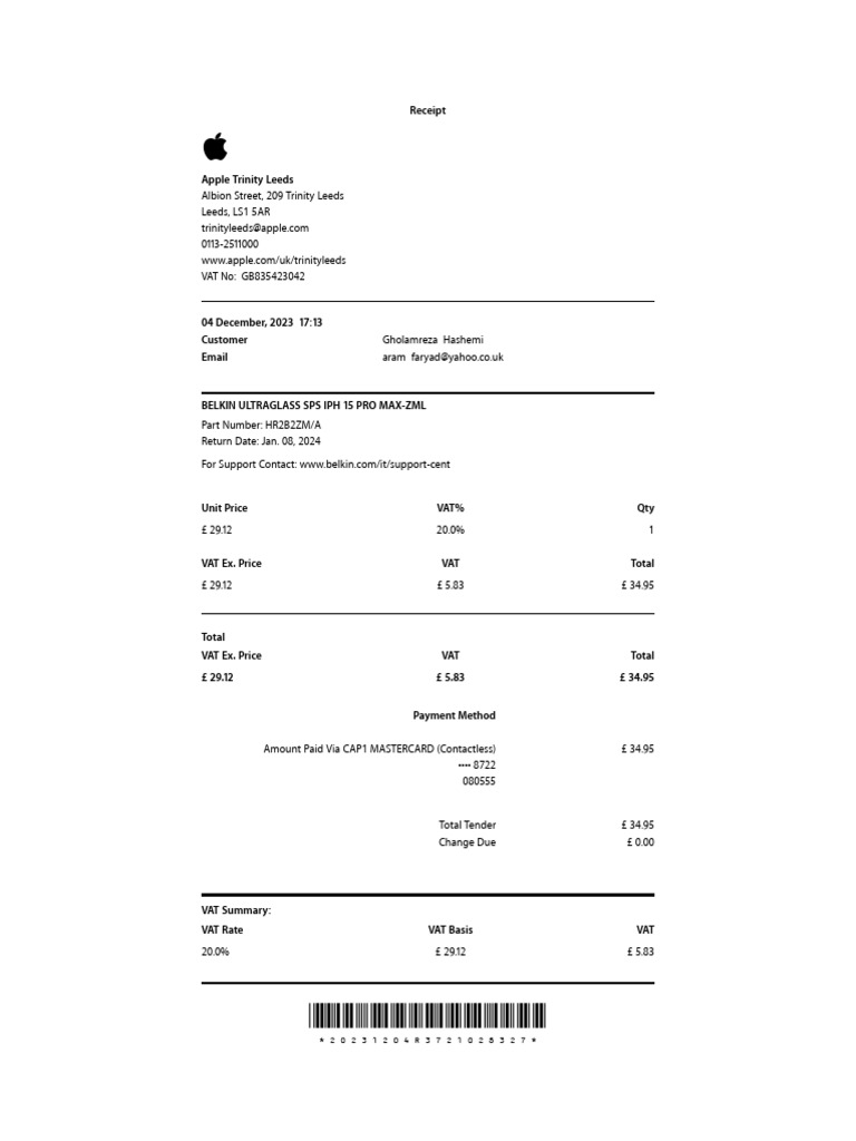 Apple Trinity Leeds Receipt - Belkin Case | PDF