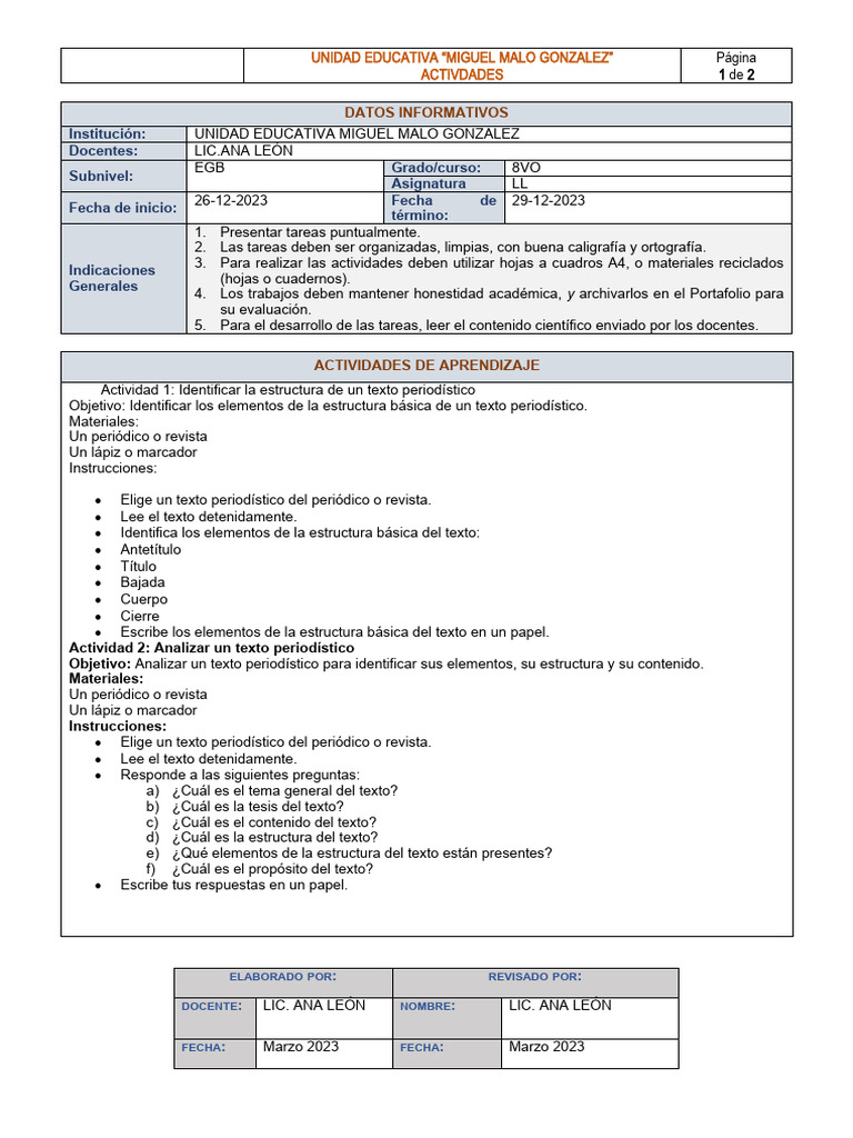 Actividaes 8vo | PDF