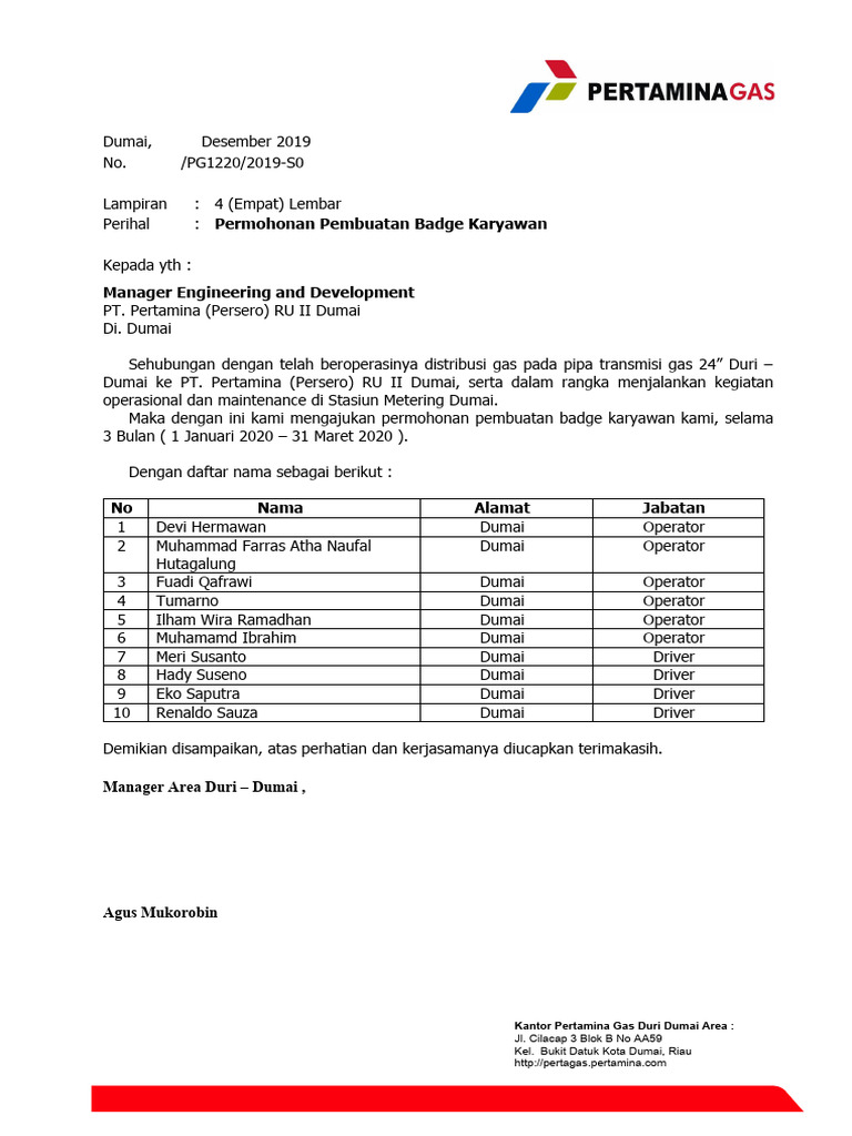 Surat Ijin Perpanjangan Badge Di PT Pertamina | PDF