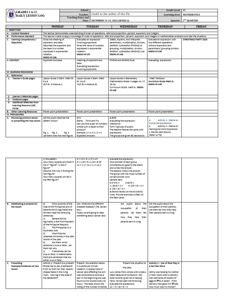 DLL Mathematics 6 q2 w6 | PDF | Exponentiation | Multiplication