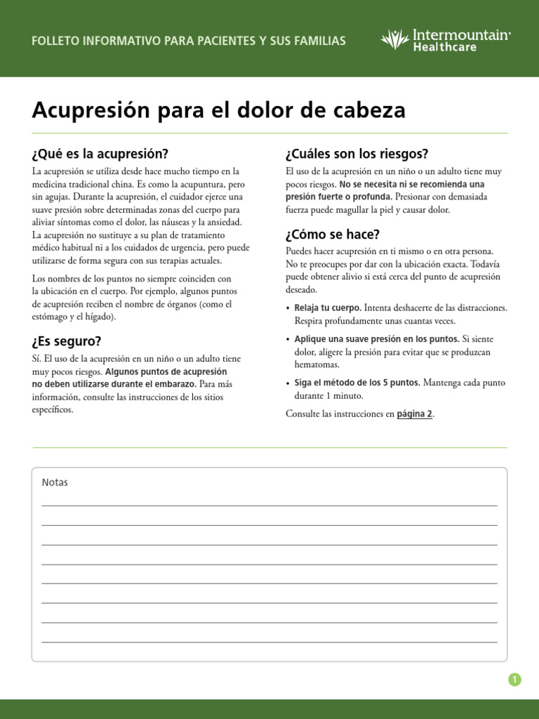 Acupressure For Headaches Fact Sheet Spanish | PDF | Acupuntura ...