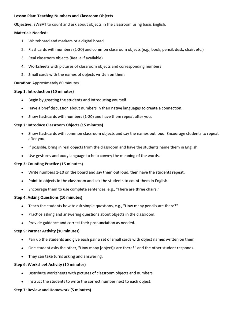 Teaching Numbers & Classroom Objects | PDF | English Language | Classroom