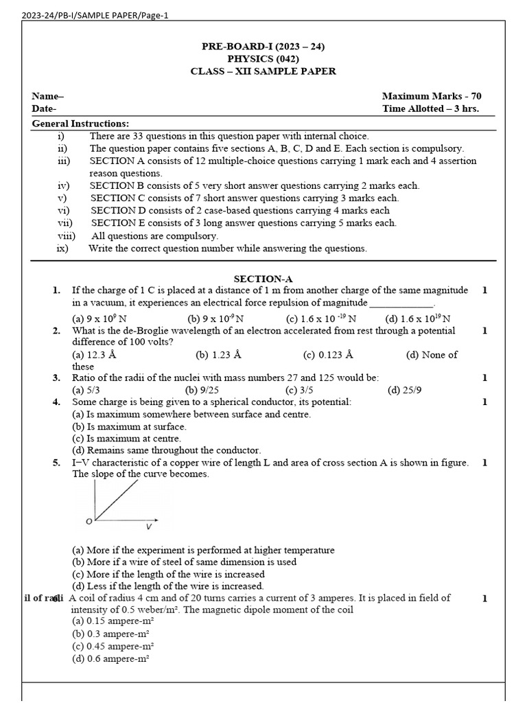PRE Sample Paper 2 Class 12 | PDF | Diffraction | Semiconductors