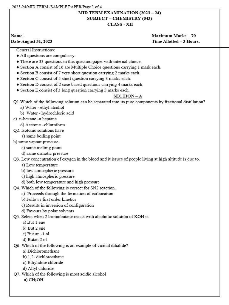 SQP Class 12 Chemistry | PDF | Hydrogen | Fuel Cell