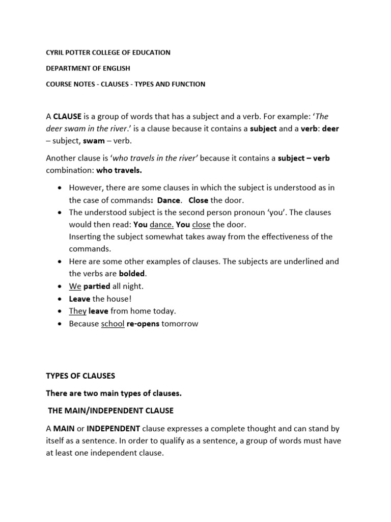 Clauses - Types and Functions | PDF | Clause | Subject (Grammar)