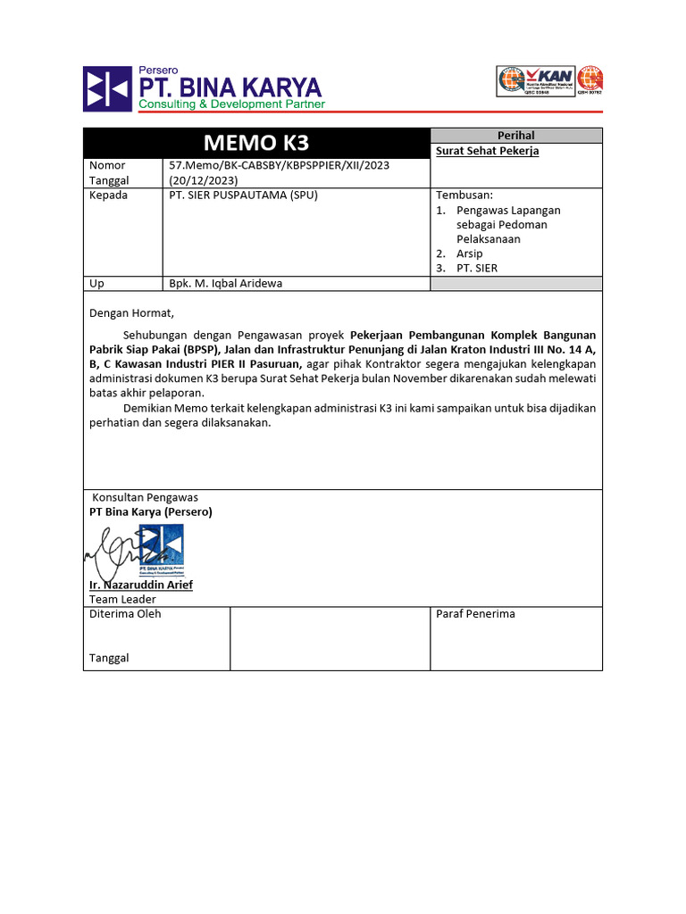 Memo K3: Surat Sehat Pekerja Proyek | PDF