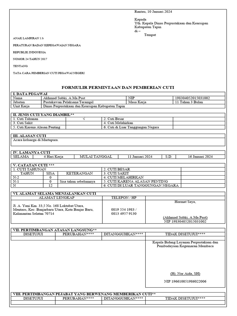 01 Blanko Cuti - Subki 2024 | PDF