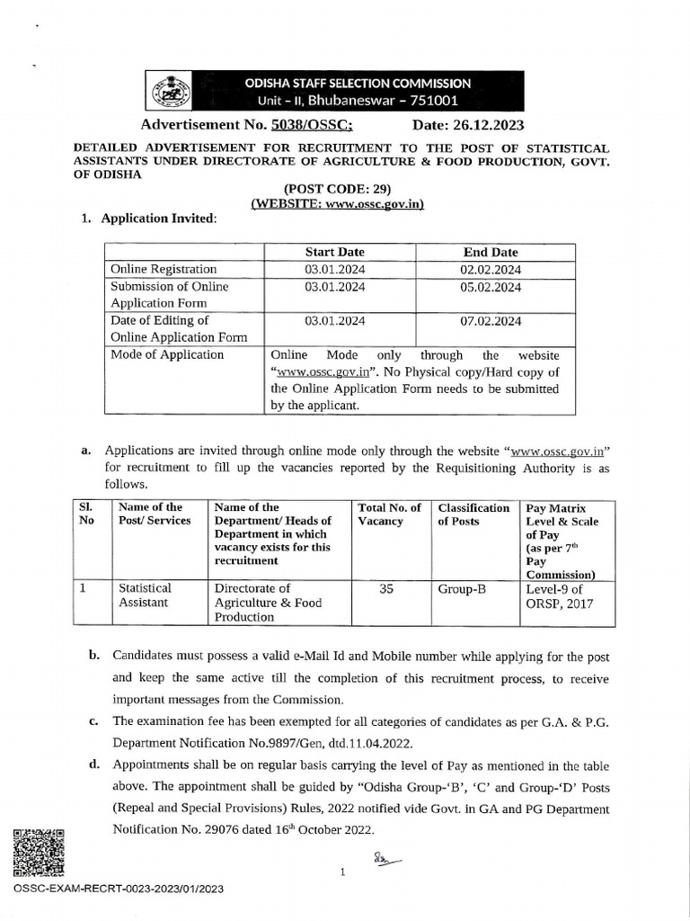 OSSC Statistical Assistant 2023 Detailed Advertisement 1 | PDF