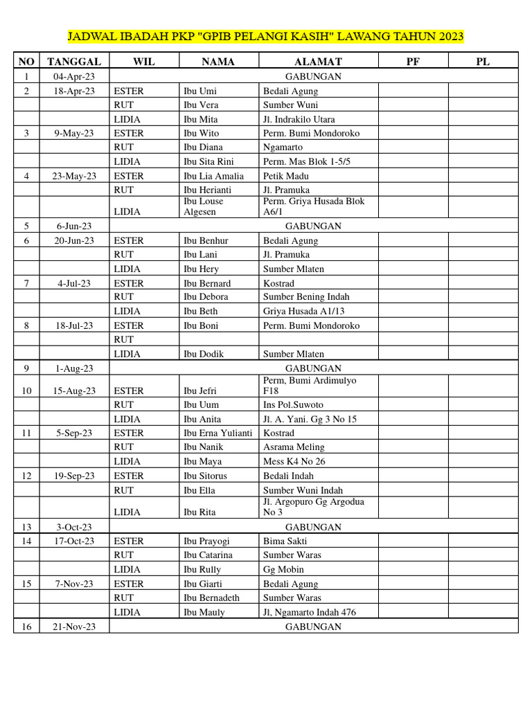 Jadwal Ibadah PKP Tahun 2023 | PDF