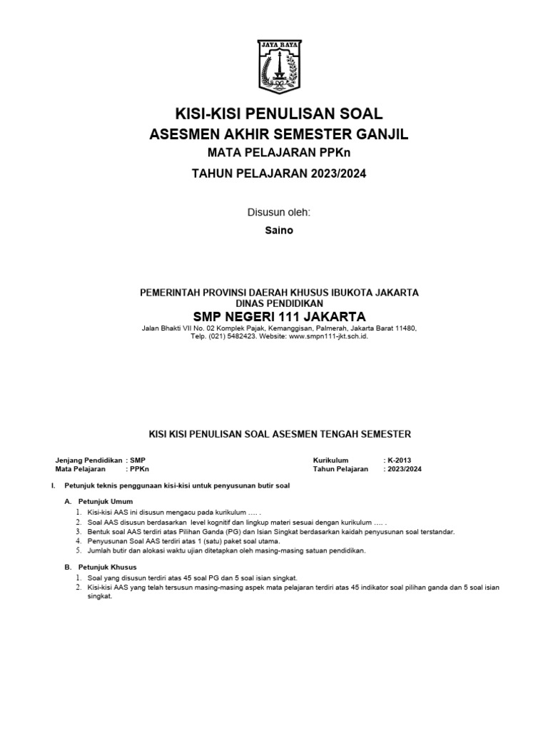 01 - Format Kisi-Kisi Soal Aas | PDF