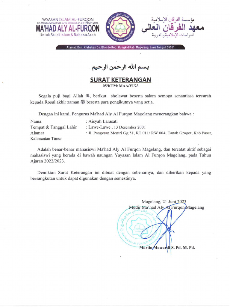 Scan Surat Ket Aisyah | PDF